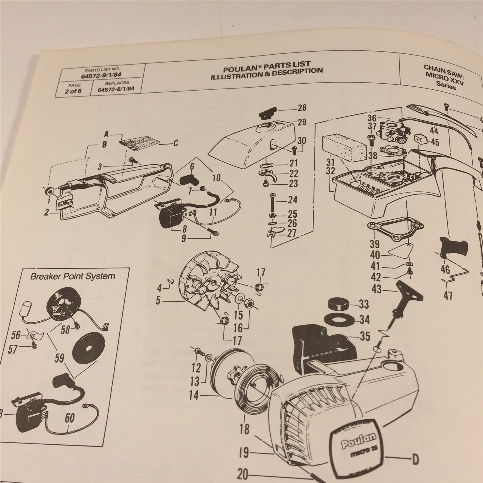 1984 Poulan Model Micro 25 XXV Chain Saw Parts List 64572 | eBay