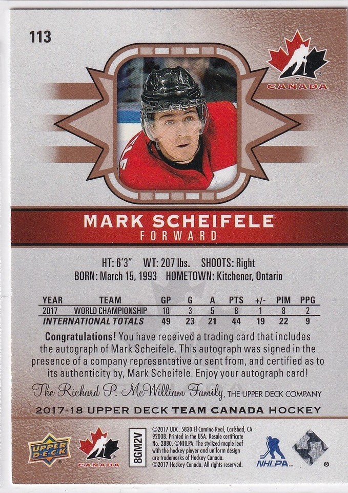 2017-18 Upper Deck Team Canada Gold Foil Signatures #113 Mark Scheifele ...