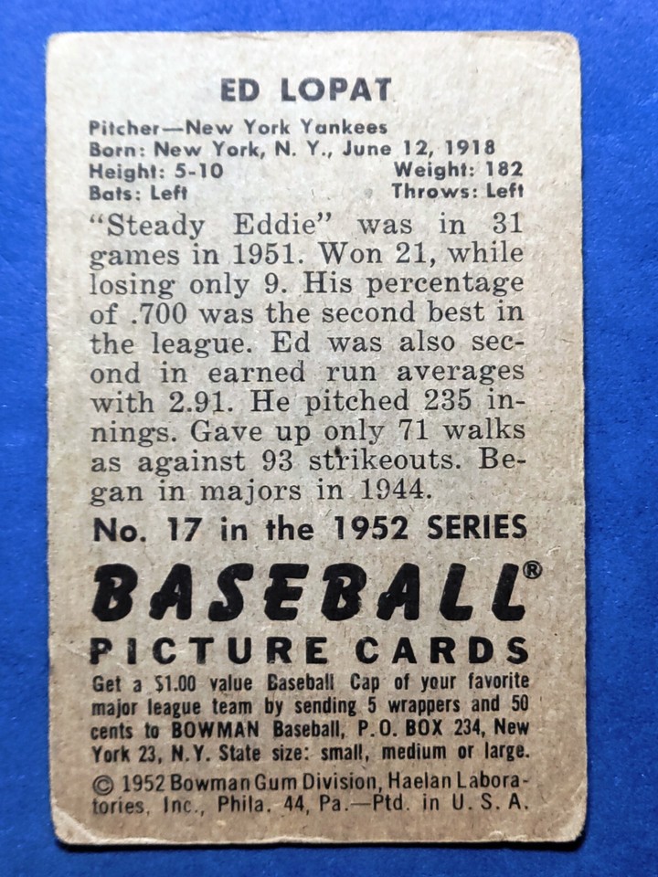 1952 Bowman Baseball – Ed Lopat 17 – Clean Card – Good – Crease | eBay