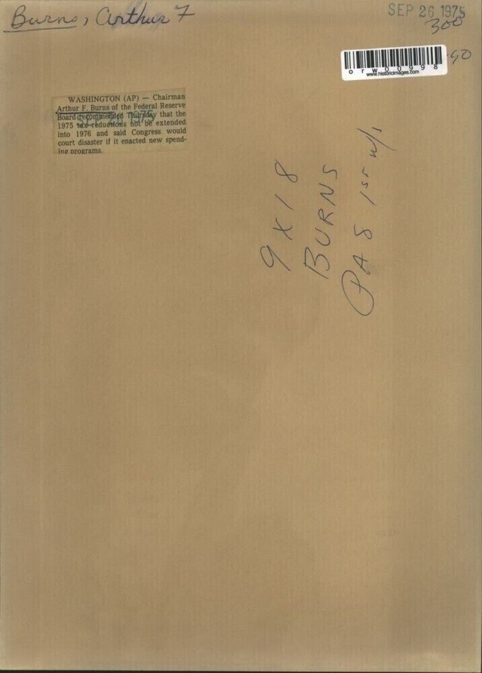 1975 Arthur F Burns Federal Reserve Board 8X11 Historic Historic ...