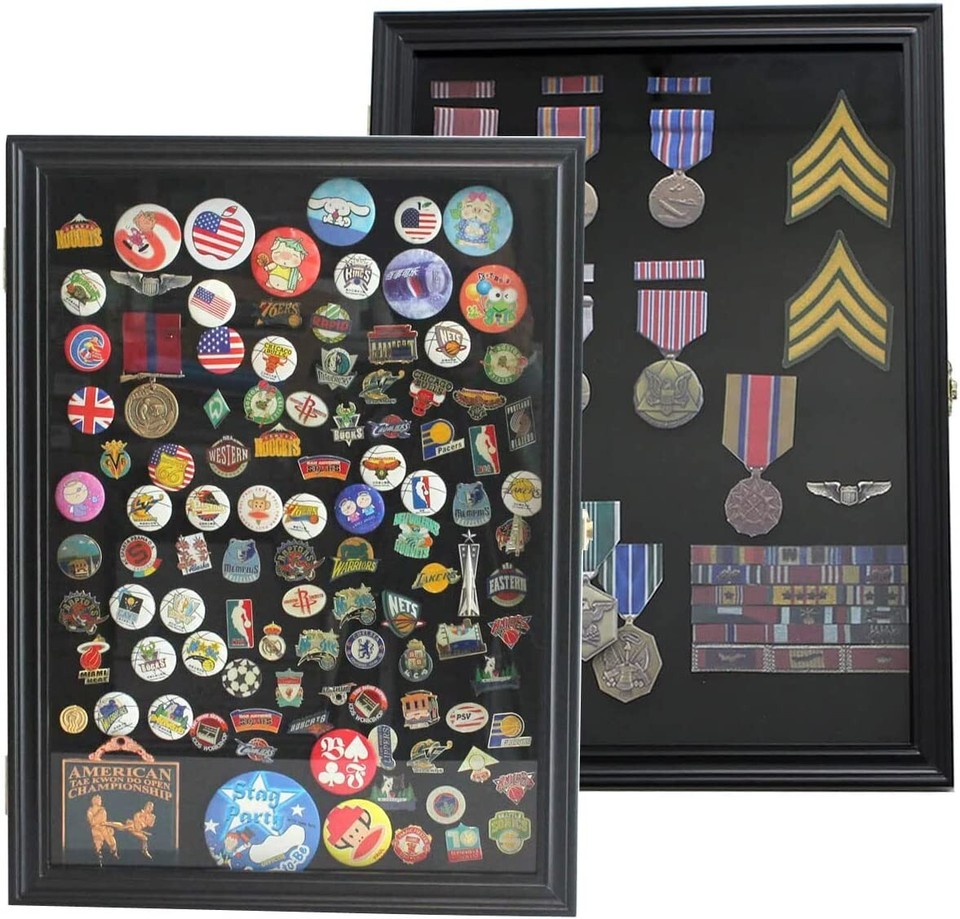 Pin Ribbon Medal Display Case Button Badge Shell Lapel Black Holder USA ...