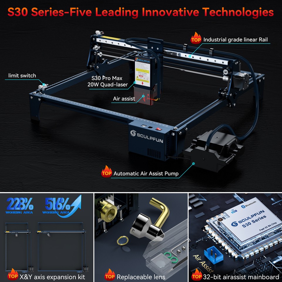 SCULPFUN S30 PRO MAX 20W Laser Engraving Matchine Automatic Air Assist ...