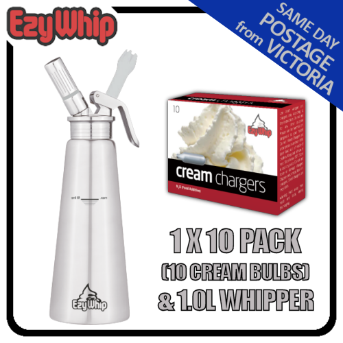 EZYWHIP STAINLESS STEEL CREAM DISPENSER 1.0L & 10 CHARGERS WHIPPER ...