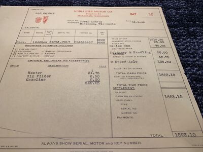 Vtg 1946 Chevrolet New Auto Dealer Sales Receipt Car Dealership Invoice ...