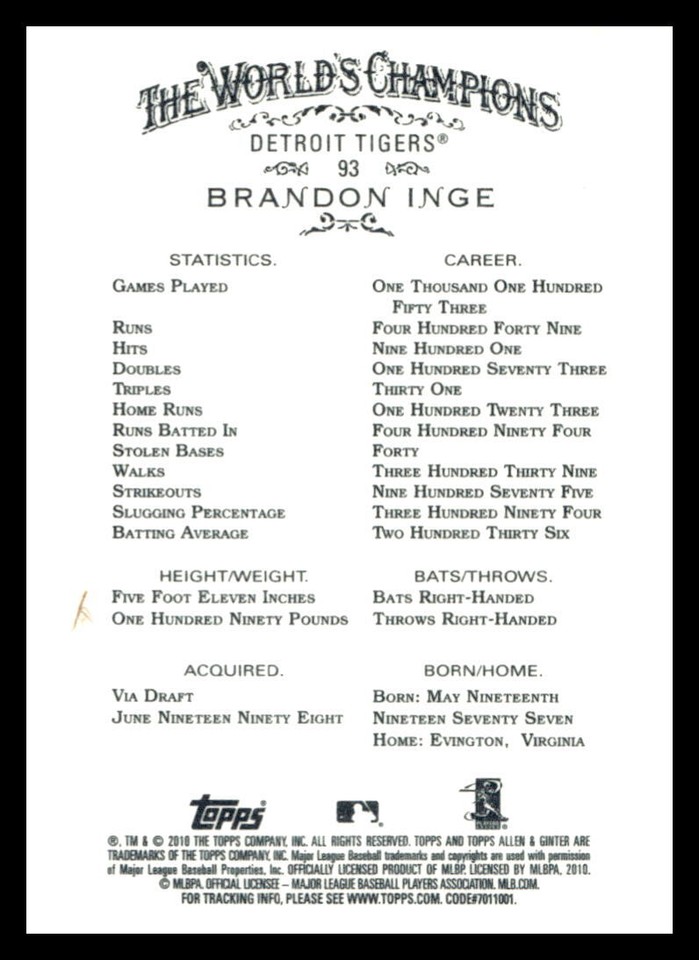 2010 Allen & Ginter 93 Brandon Inge Detroit Tigers Baseball Card | eBay