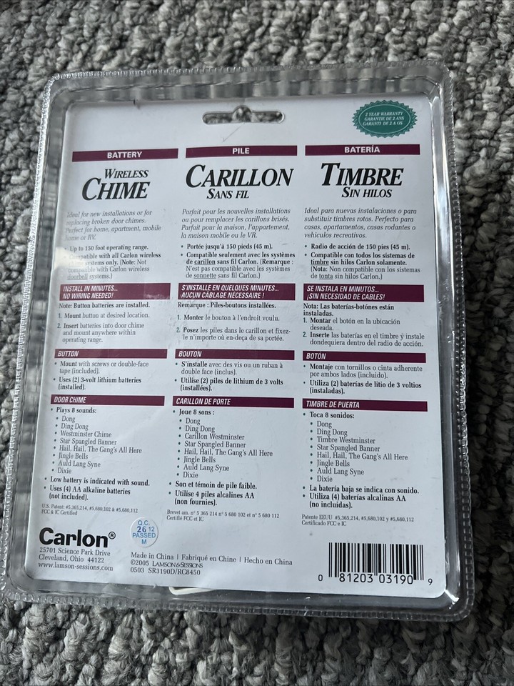 Carilon Wireless Chime 8 Different Sounds Doorbell Pager RC3190D New In ...