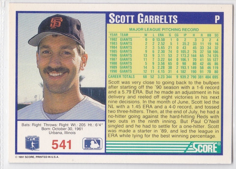 M) 1991 Score Baseball Trading Card - Scott Garrelts #541 | eBay