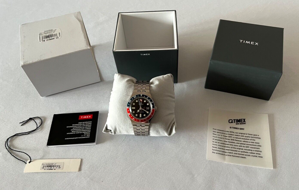 Q Timex GMT 38mm Stainless Steel Bracelet Watch Red Blue Bezel ...