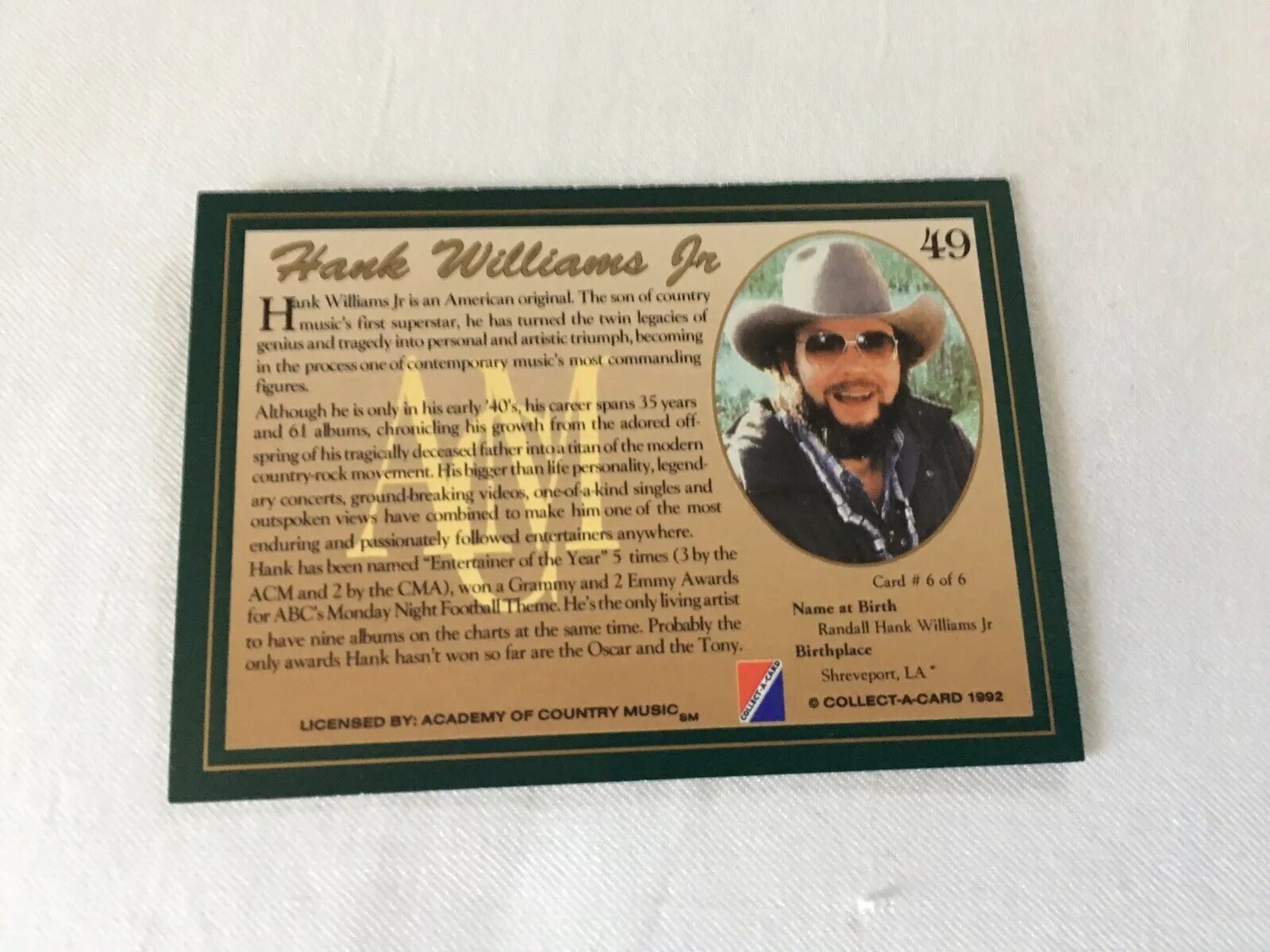 Hank Williams Jr Autographed 1992 Country Classics Card #49 w/COA VERY ...