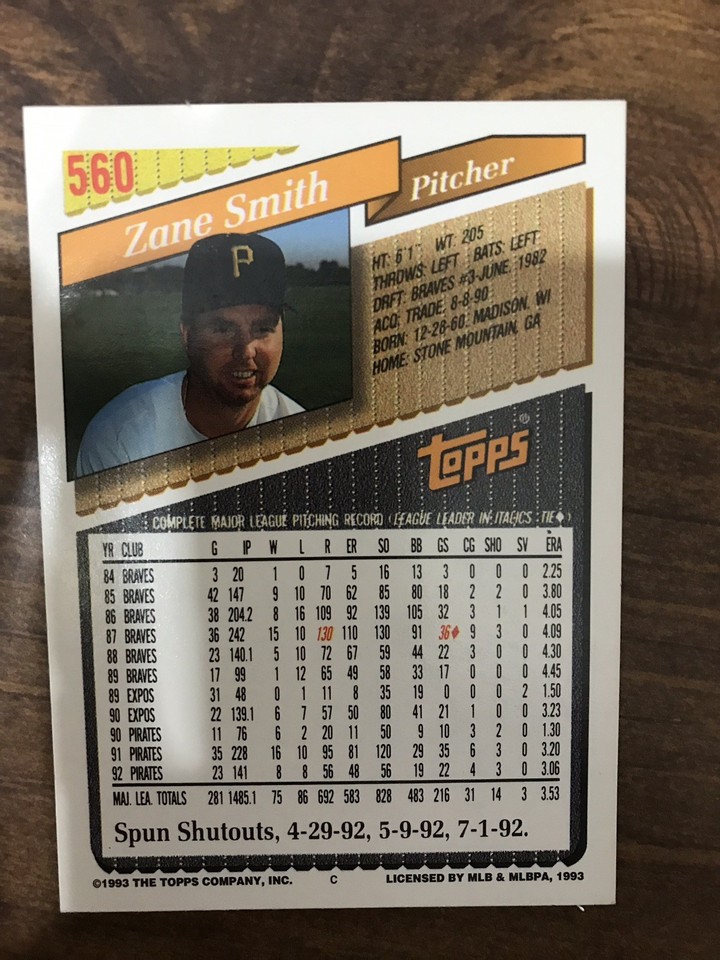 1993 Topps #560 Zane Smith Autograph Signed Pirates | eBay