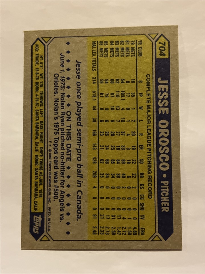 1987 Topps Baseball Card Jesse Orosco New York Mets #704 | eBay