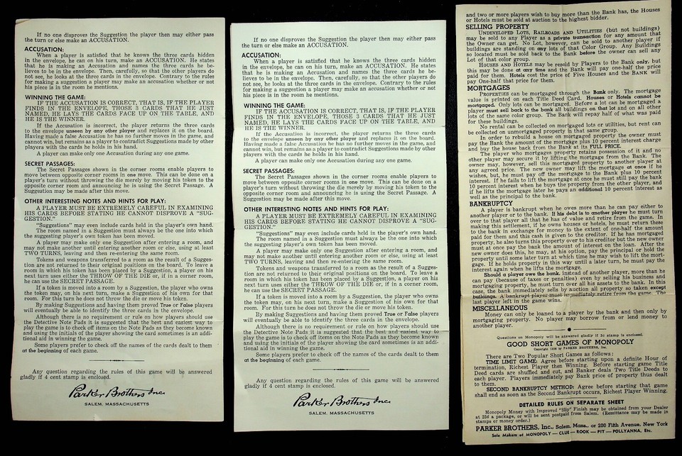 FOUR PARKER BROS. MONOPOLY RULES AND CLUE RULES ORIGINAL PAMPHLETS ...