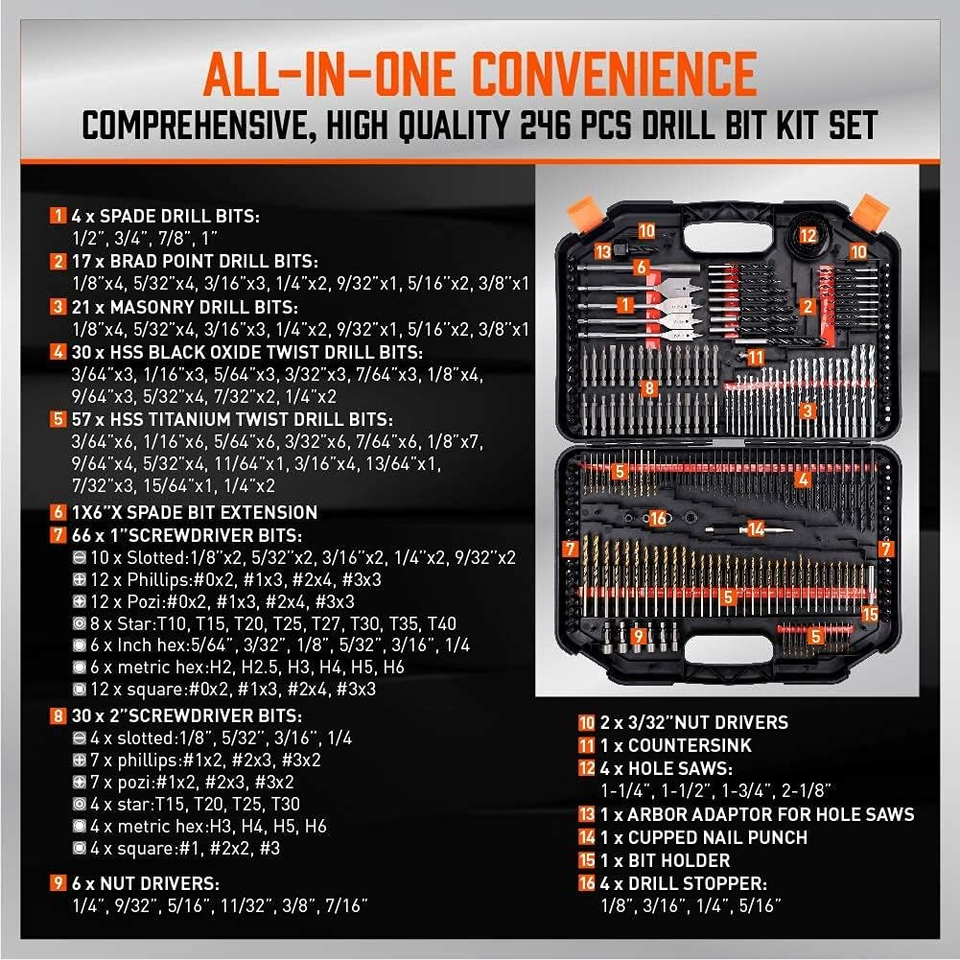 246-Piece Ultimate Drill Bit and Driver Set, Premium Quality Drill Bits ...