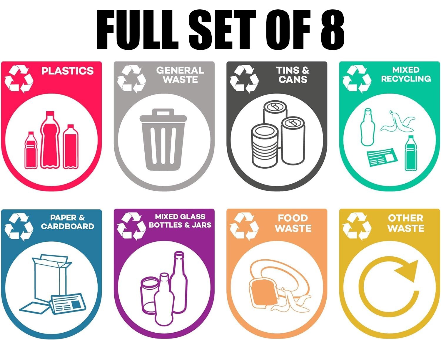 Mixed Set of Recycling Bin Sign Sticker Labels Signs - Full set of 8 ...