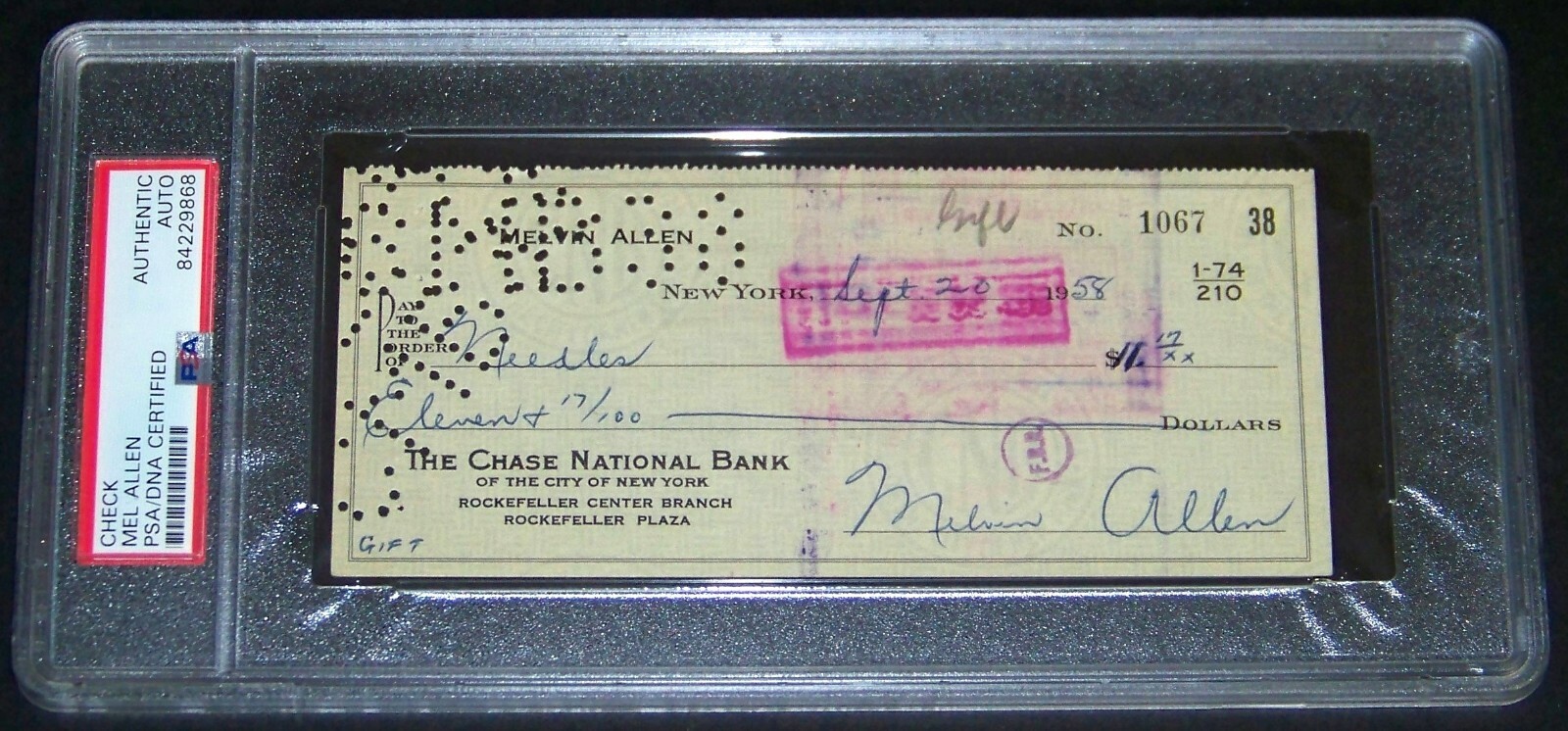 Mel Melvin Allen Signed Autographed Baseball Check PSA Slabbed YANKEES ...