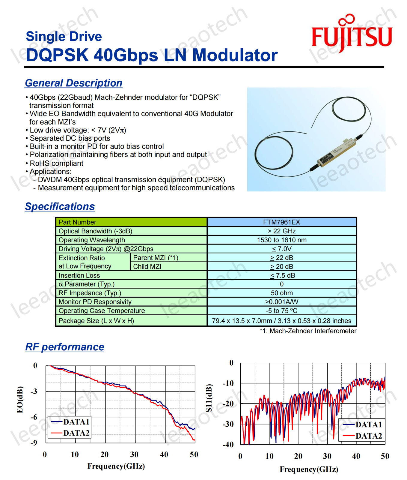 Fujitsu DWDM 40Gbs DQPSK MZM Single Drive 1530-1610nm Optical Modulator ...