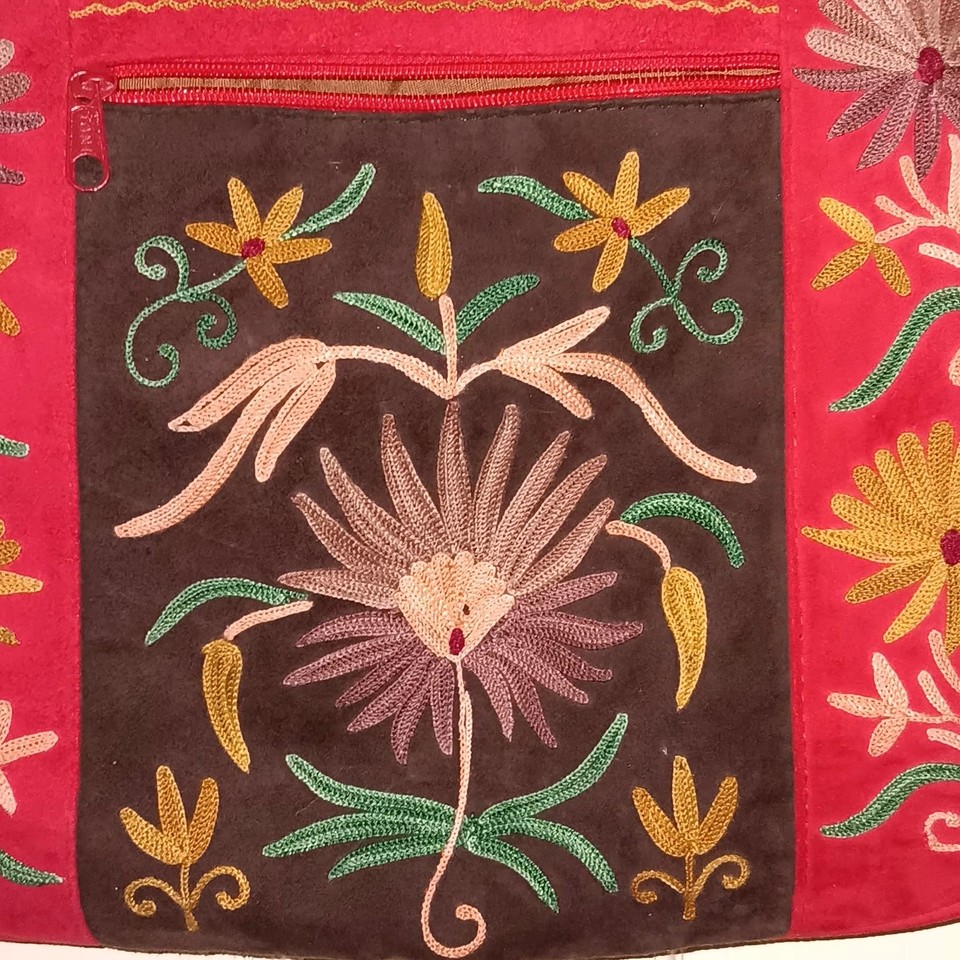 Vtg Toni Red Suede Multicolor Floral Embroidery Shoulder Bag Double ...