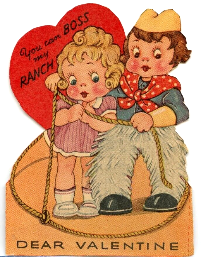 Vtg Valentine Card Girl Cowboy chaps Lasso Boss My Ranch Die Cut 1930s ...