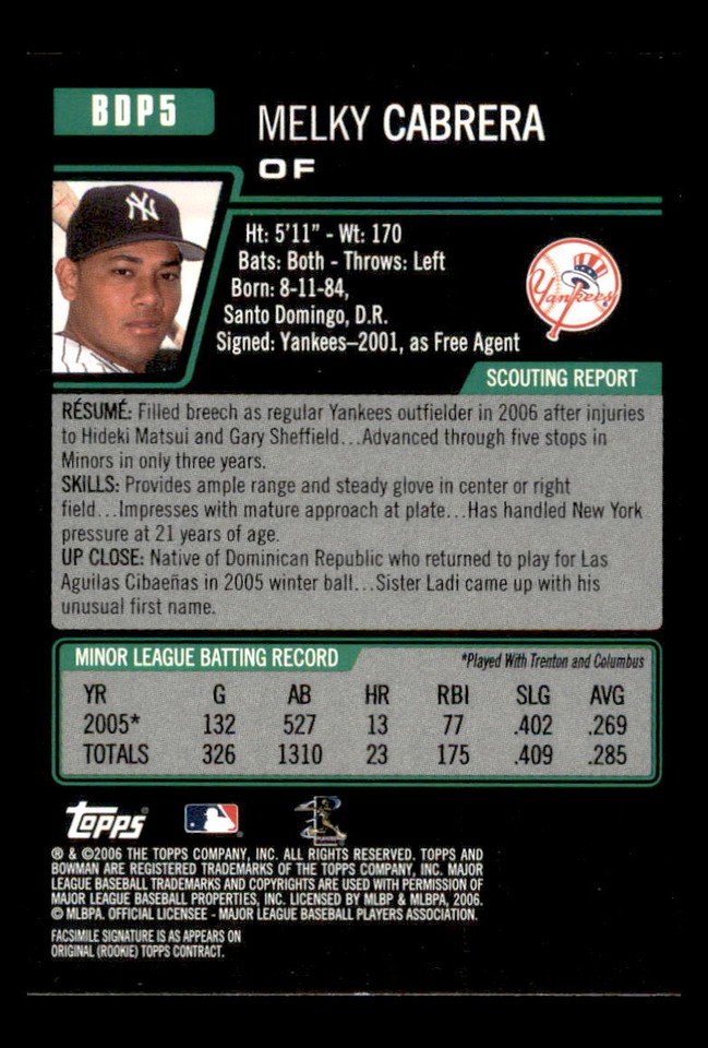 2006 Baseball Bowman Melky Cabrera New York Yankees #BDP5 Green RC | eBay