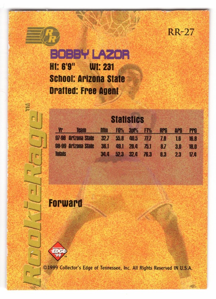 1999 COLLECTOR'S EDGE ROOKIE RAGE BOBBY LAZOR AUTOGRAPHED CARD #27 | eBay