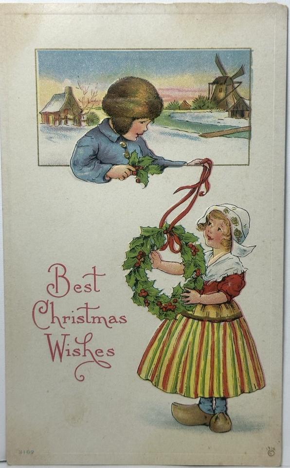 Christmas Postcard Children shopping Smile Chop Tree Windmill Dutch Hat ...