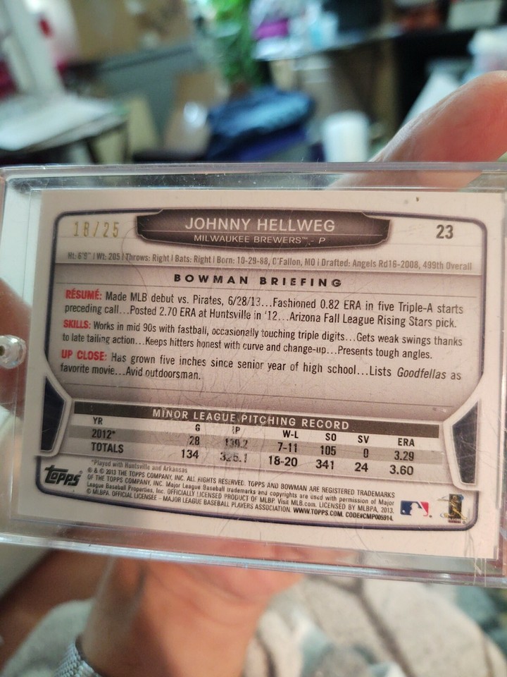 🔥2013 BOWMAN Johnny HELLWEG RC Red Ice/25 MILWAUKEE Brewers NASHVILLE ...