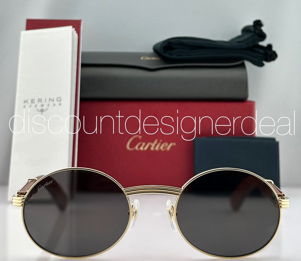Cartier Oval Sunglasses Yellow Gold Frame Brown Wood Gray Lens CT0464S ...