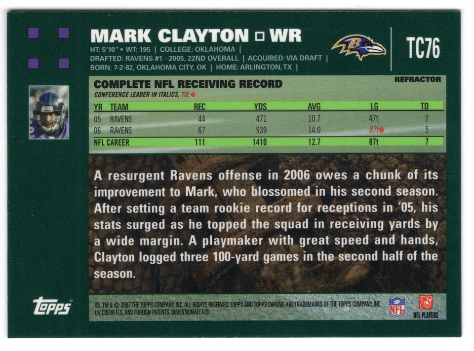 2007 TOPPS CHROME REFRACTOR MARK CLAYTON CARD #TC76 **NM-MT** RAVENS | eBay