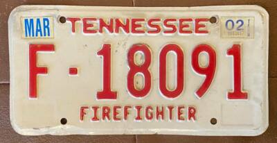 Tennessee 2002 FIREFIGHTER License Plate # F-18091 | eBay