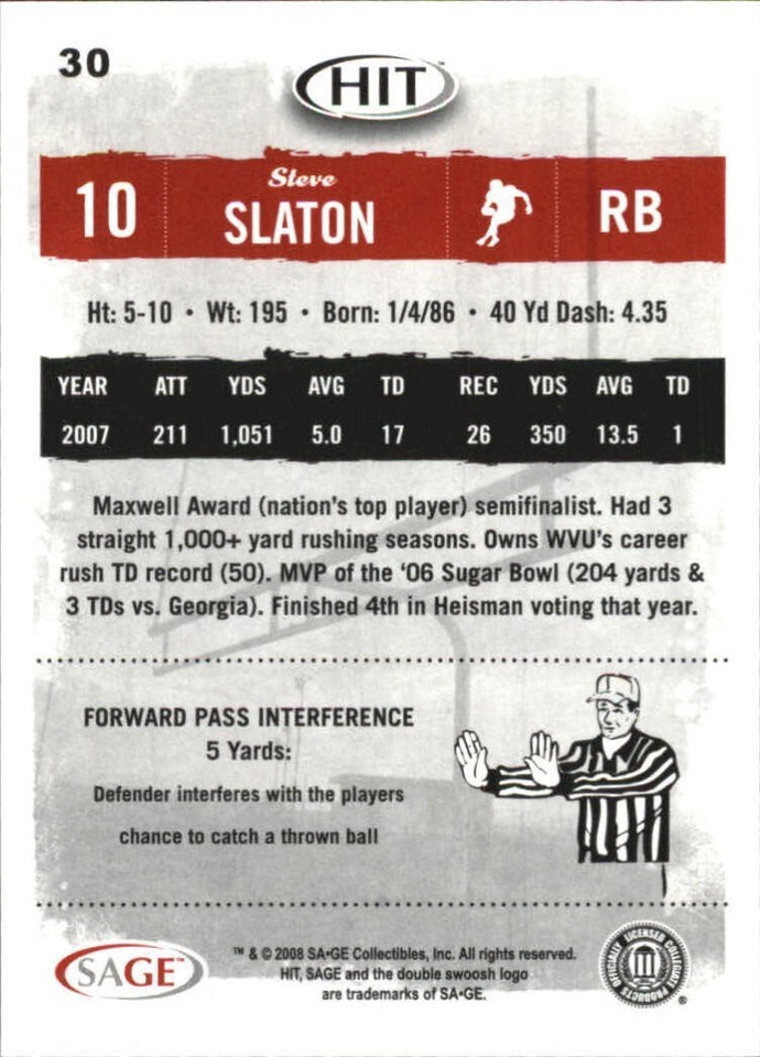 2008 SAGE HIT #30 Steve Slaton | eBay