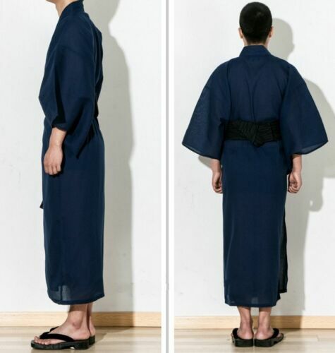 Men Kimono Yukata Cotton Japanese Long Bathrobe Robe Gown 3/4 Sleeve ...