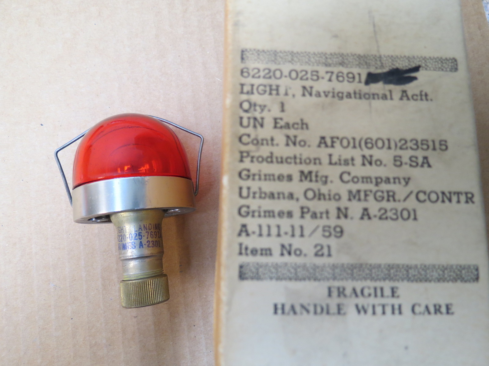 Vintage 2" WWII Aircraft Nav Navigation Light w/Red Lens Grimes Model ...