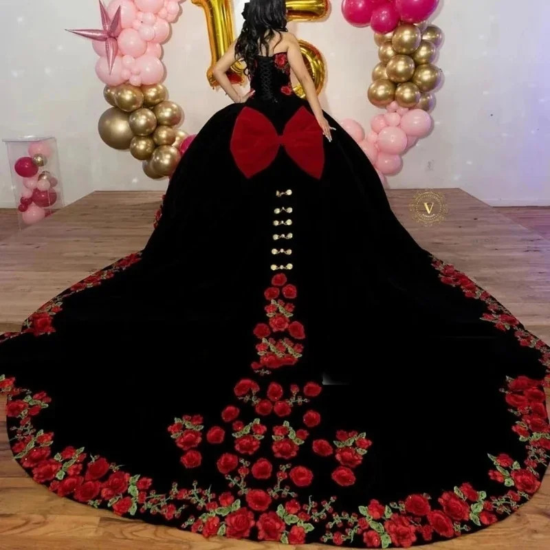 Red Black Quinceanera Dresses Mexican Sweet 16 Birthday Dress Tull ...