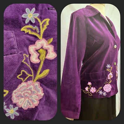 CHADWICK'S EMBROIDERED FLORAL VELVET JACKET Plum Purple Velour GREEN ...