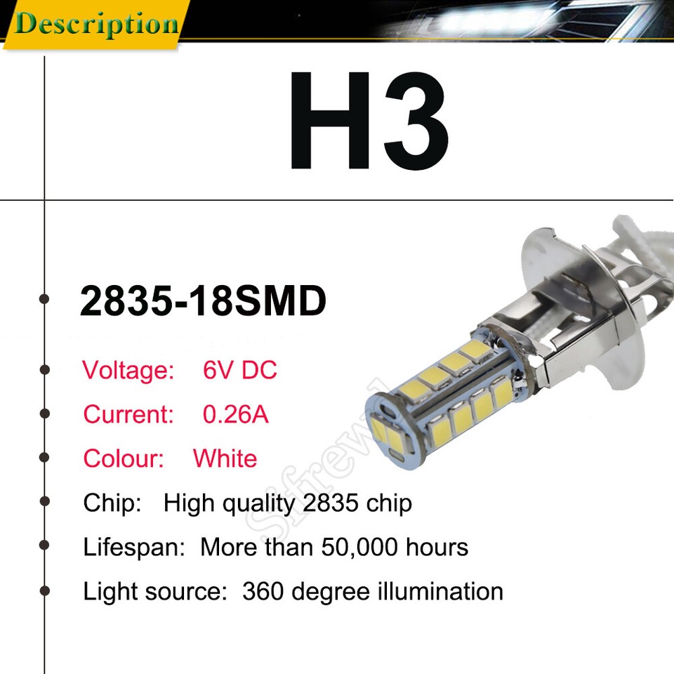 H3 LED 6V Headlight Bulb 6 Volt DC 6000K Less Than 1000 lm | Pair ...