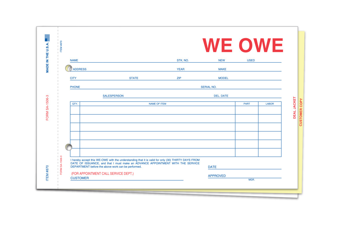 3-PART WE OWE FORM SNAP OUT FORM FOR CAR DEALERS 100 PER PACK ...