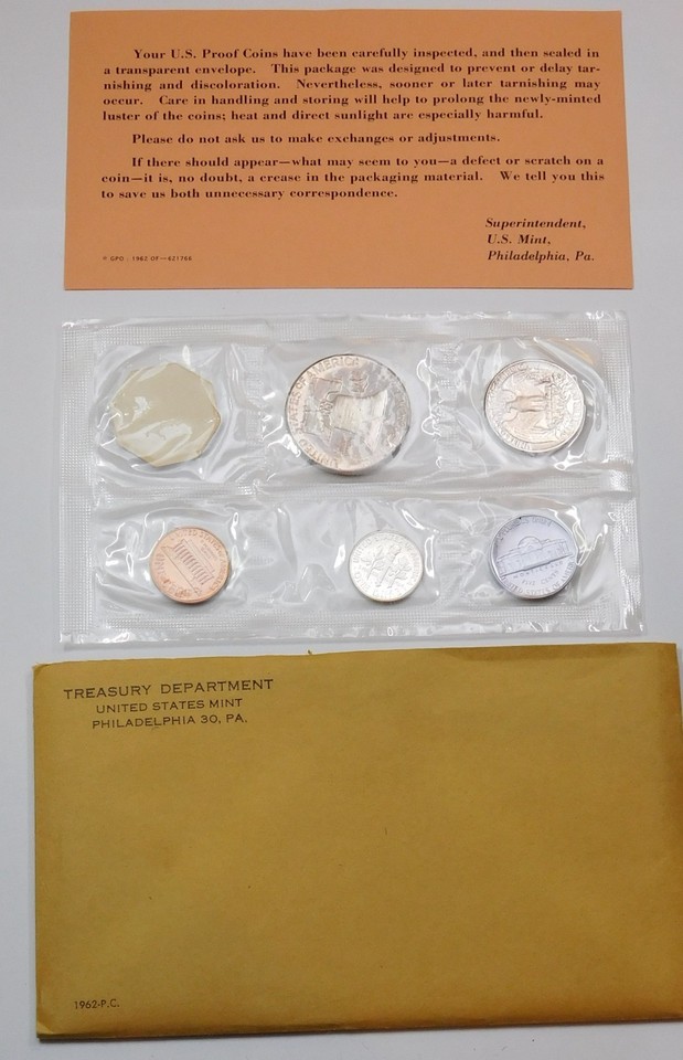 1962 Proof Set US Mint w/Envelope/COA 5 Coins Frosty White/Bright Red ...