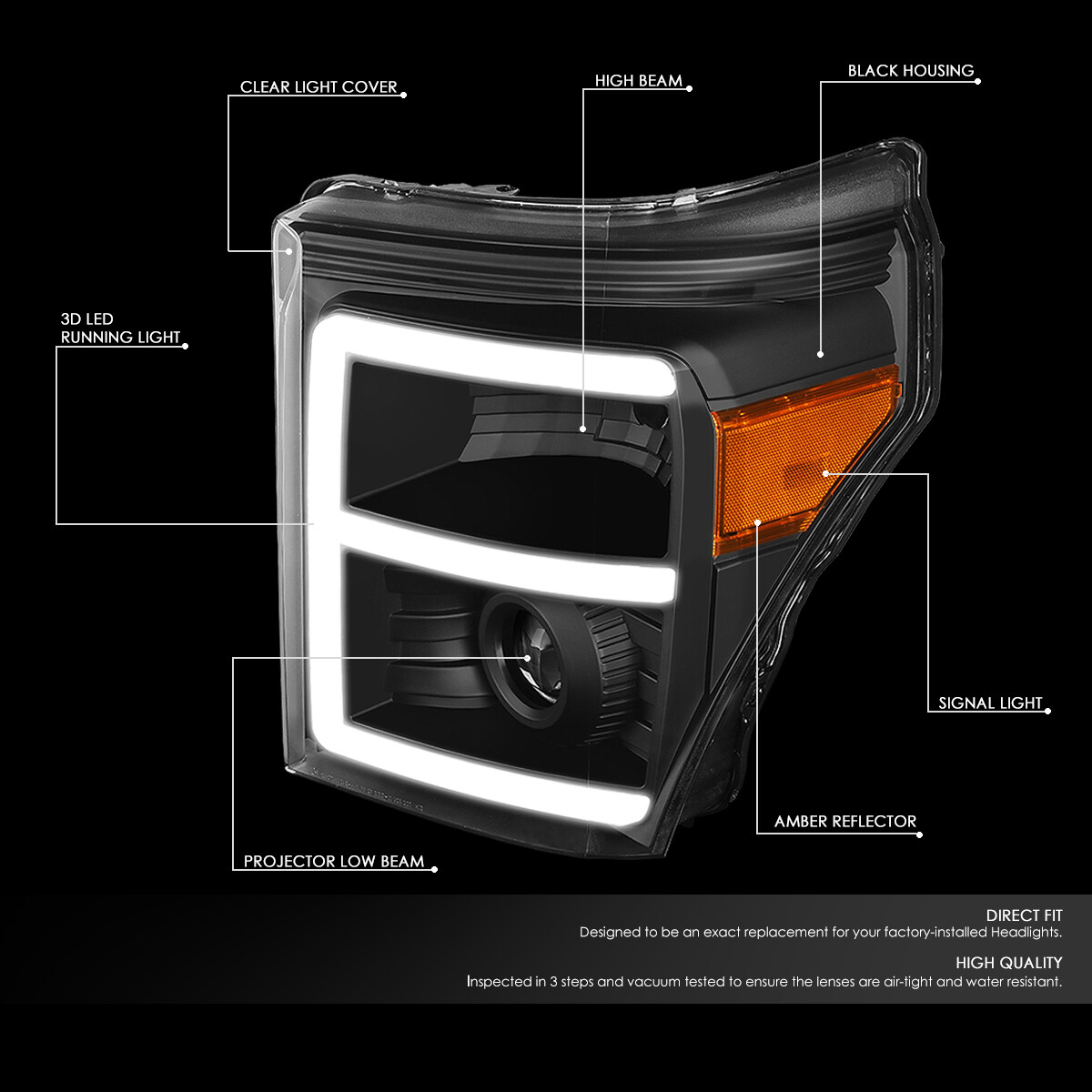 For 2011-2016 Ford Super Duty E-Bar LED Black Amber Projector Headlight ...