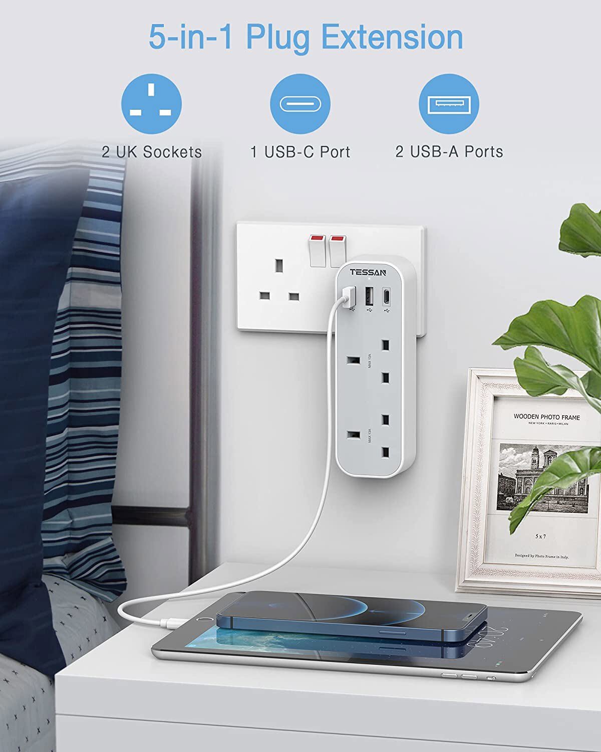 2 Way Multi Plugs Extension Wall Adapter with 2 USB 1 USB C for Office ...