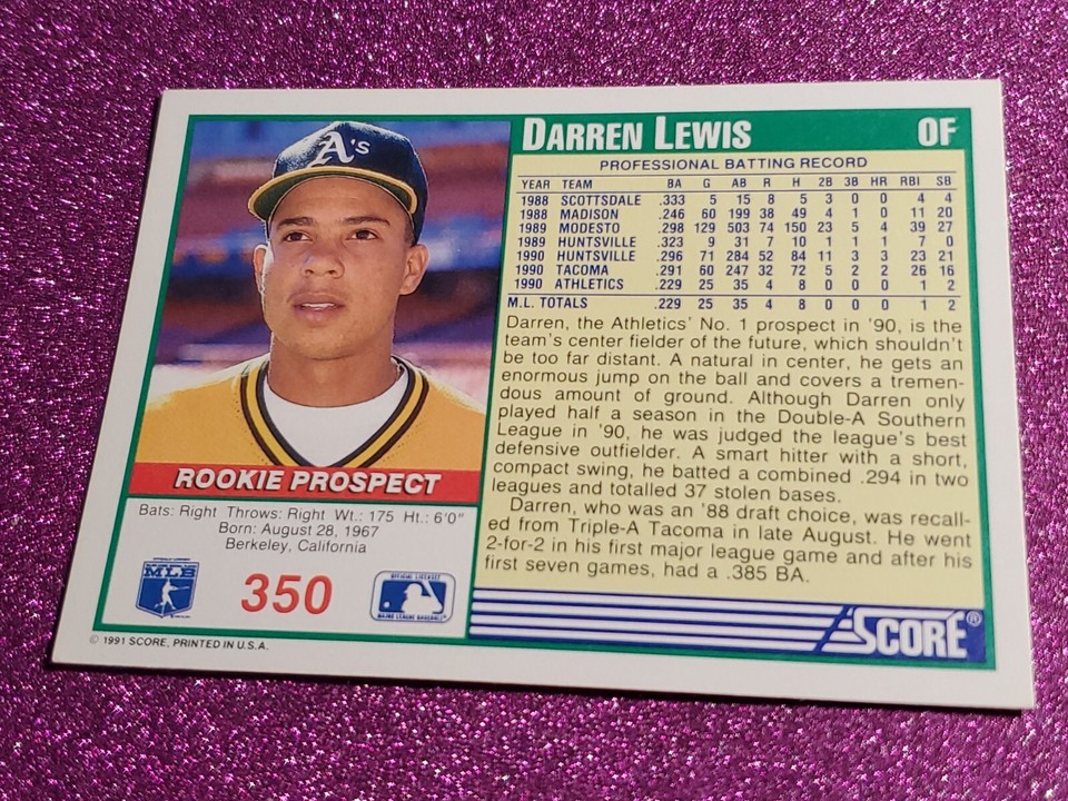 1991 Score #350 Darren Lewis Oakland Athletics Rookie Prospect | eBay