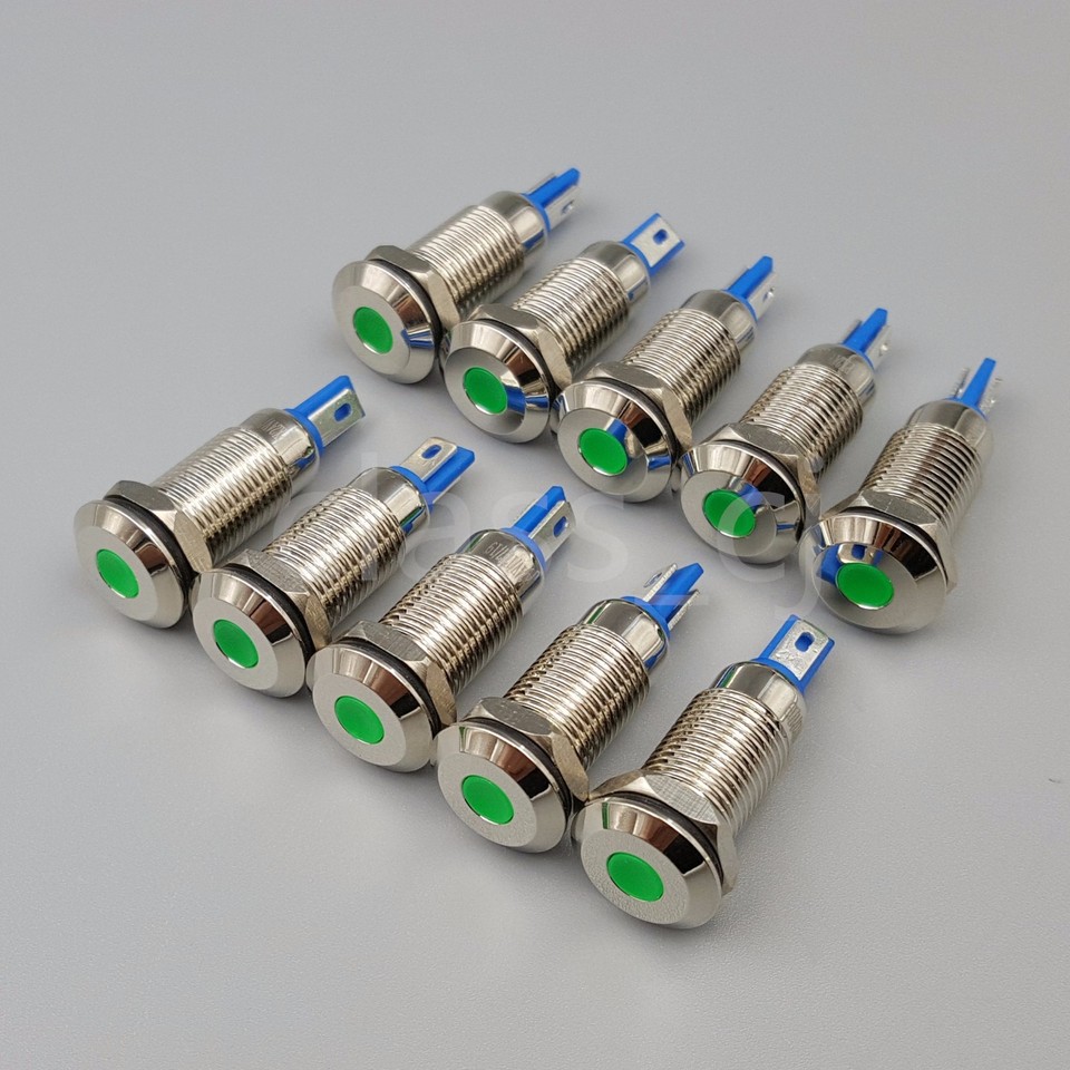 10Pcs Metal Waterproof 8mm Green LED Mini DC12V 24V Signal Indicator ...