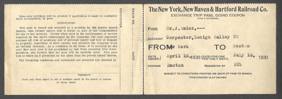 1930 New York, New Haven & Hartford Railroad Exchange Trip Pass Full ...