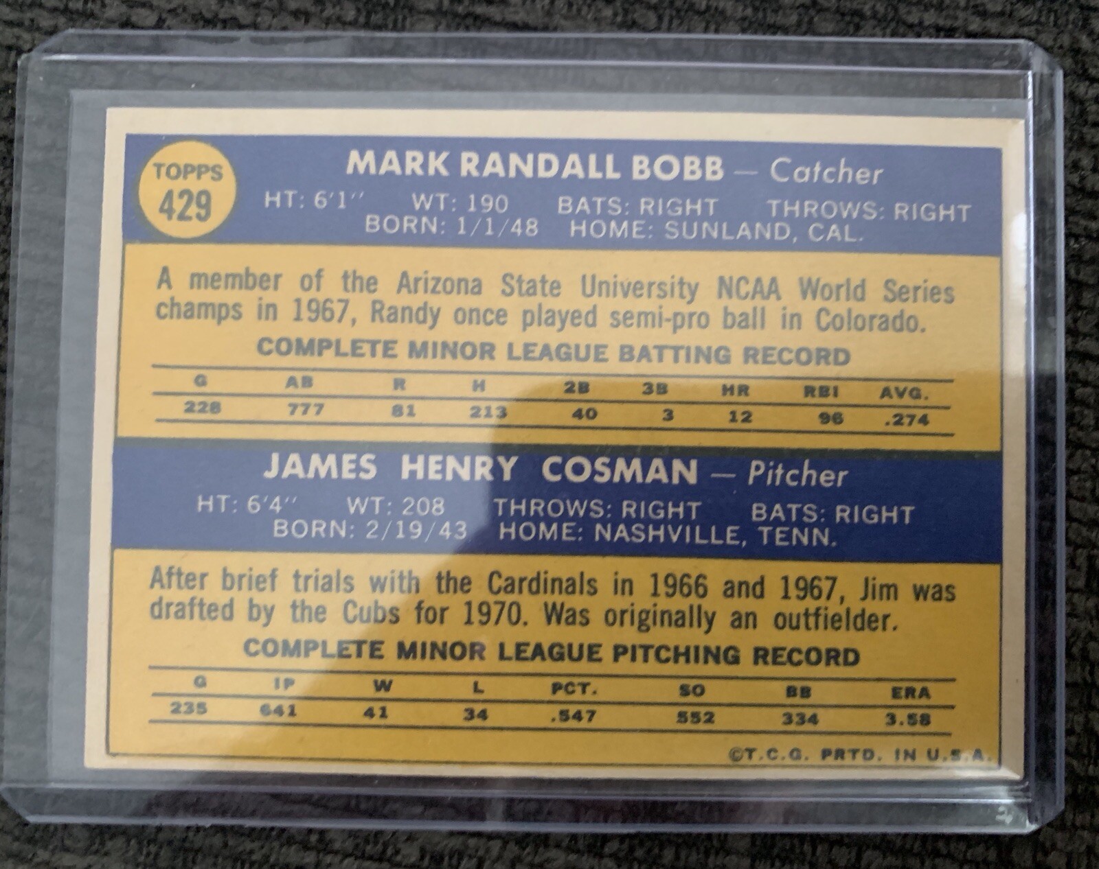 Randy Bobb Jim Cosman 2019 Topps Heritage 50th Anniversary Buyback ...
