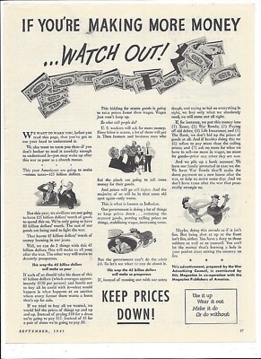 1942 WWII ad War Advertising Council - warning of inflation duty to ...