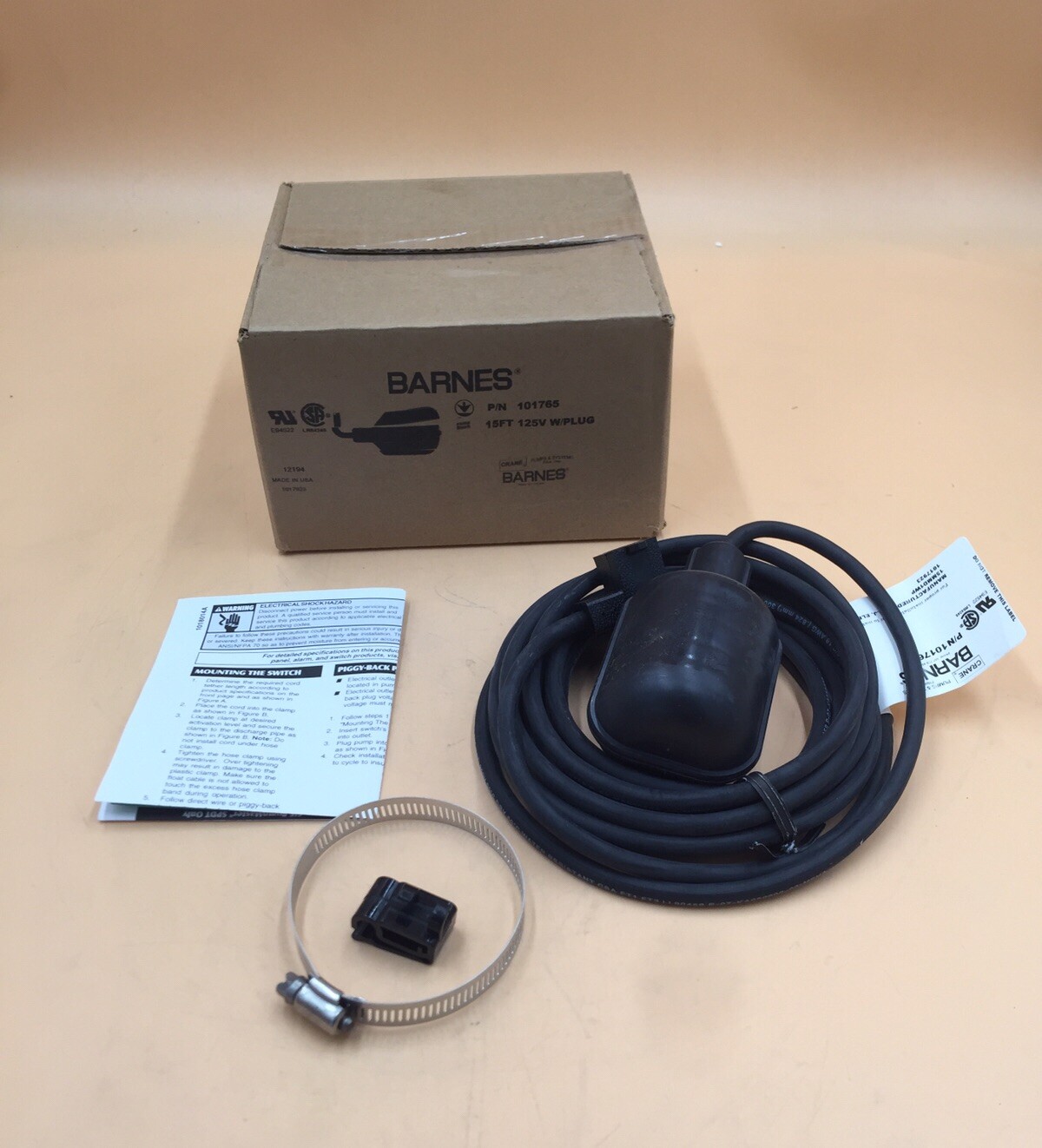 BARNES 101765 FLOAT SWITCH 15FT 125V W/PLUG CRANE PUMPS & SYSTEMS for ...
