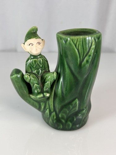 Vintage Treasure Craft Green Pixie Elf Sitting On Leaf And Tree Stump ...