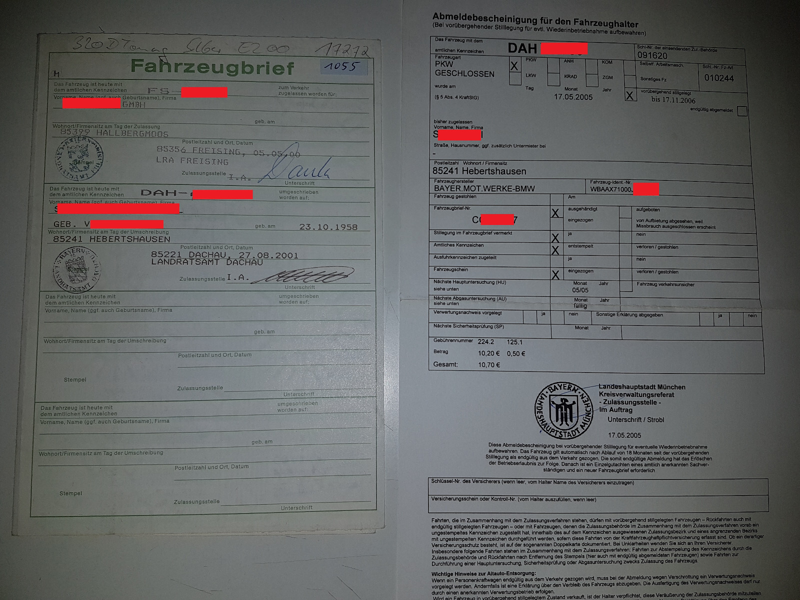 Fahrzeugbrief KFZ Brief 2000 BMW E46 3er 346L 2,0D Diesel Sammler Tüv ...