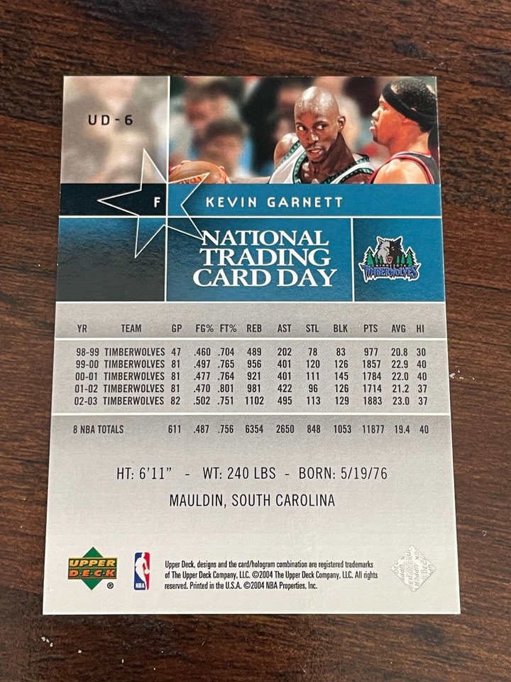 2004 Upper Deck Kevin Garnett NATIONAL TRADING CARD DAY card# UD-6 ...