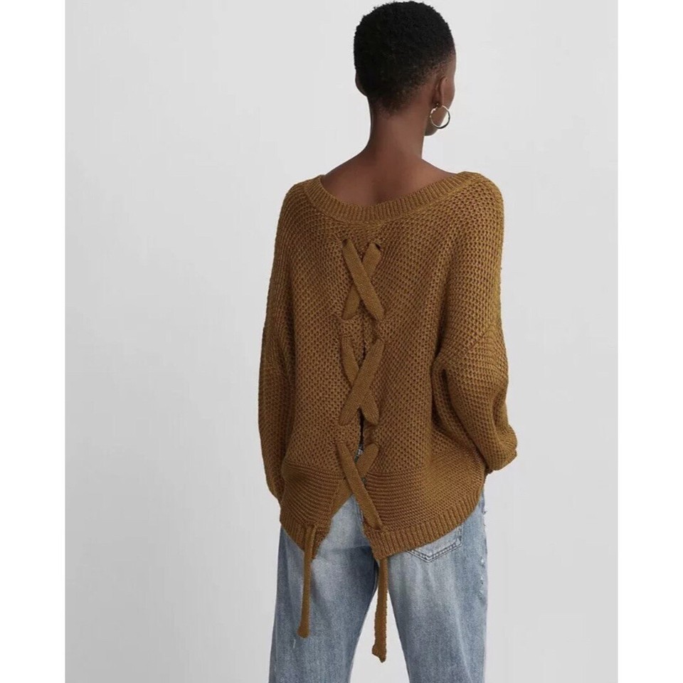 NWT Express Lace-Up Split Back Sweater Oversized Chunky Knit Olive Size ...
