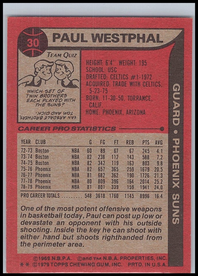 1979 Topps #30 Paul Westphal | eBay